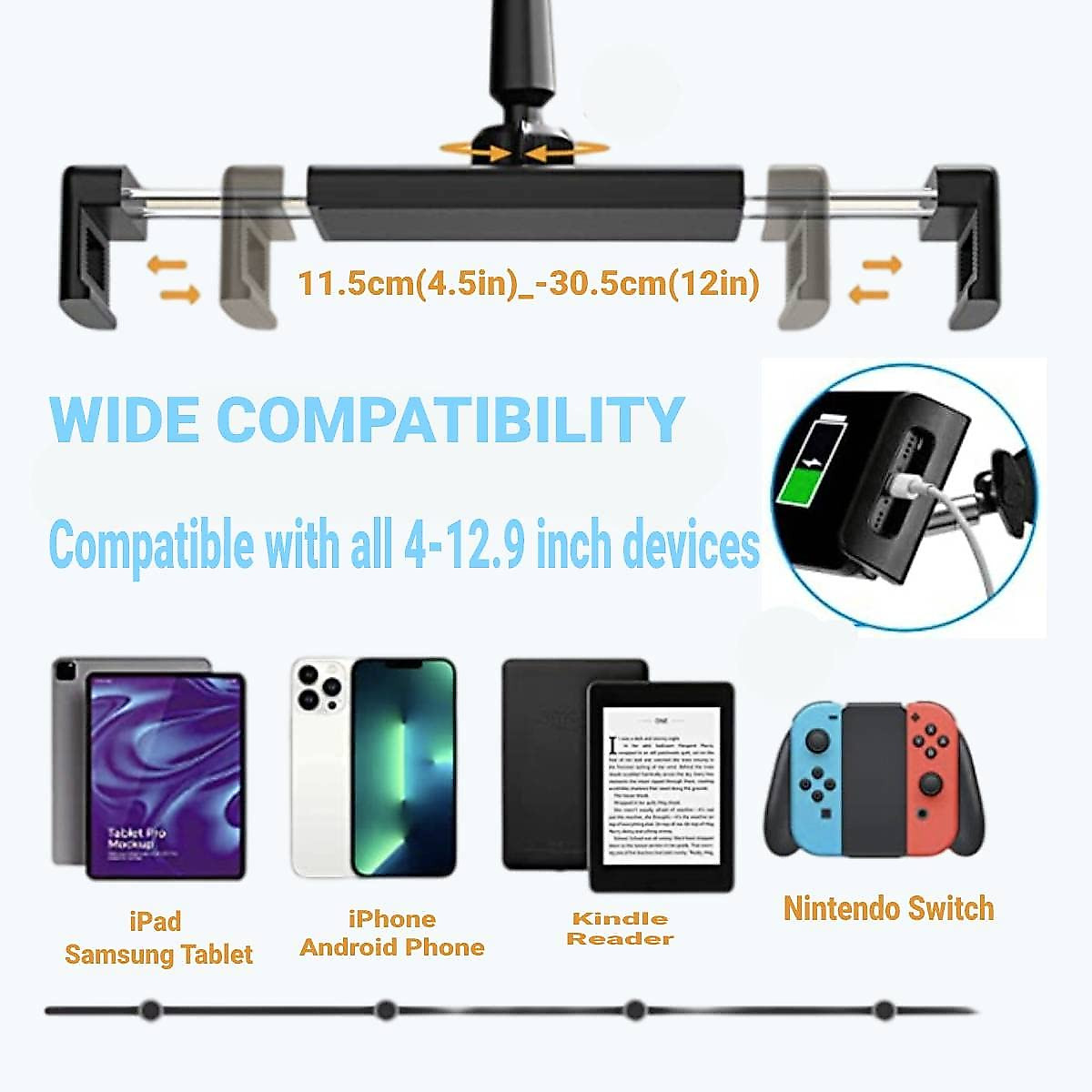 iPad Tablet Holder for Bed - Arm Height Adjustable Tablet Floor Stand Metal 360° Rotating iPad Clamp Mount for iPad Pro, iPad Air, iPad Mini, Kindle Reading and Other 4.7~12.9'' Phones and Tablets