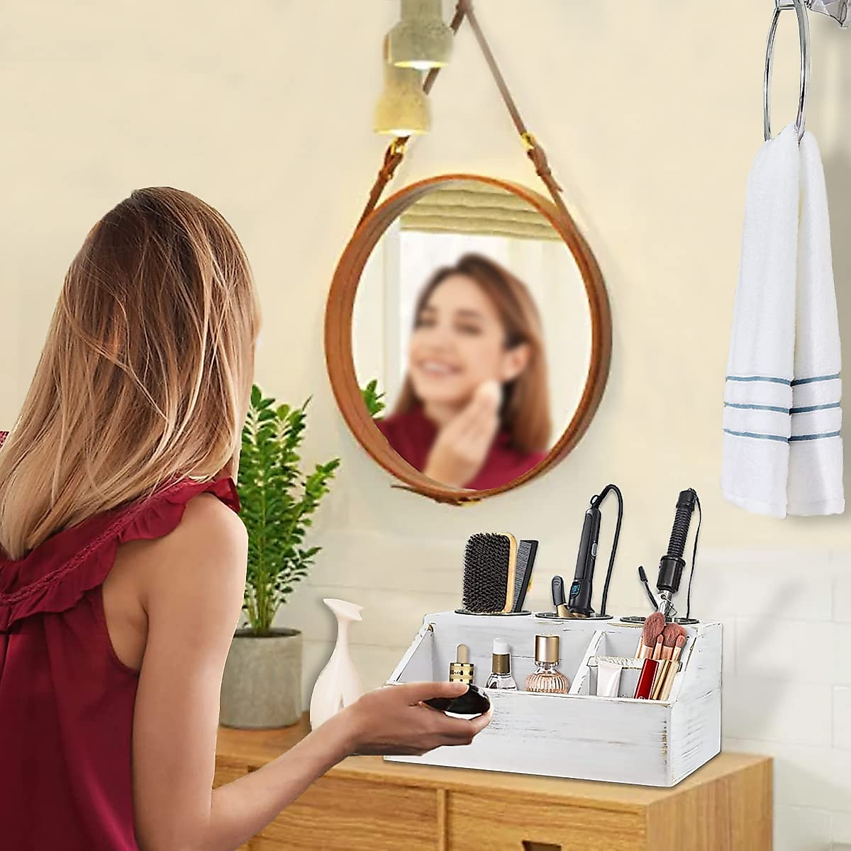 Rustic Wood Farmhouse Bathroom Hair Tool Organizer Makeup Organizer Vanity Tray - Vanity Organizer for Bathroom Counter - Hair Dryer Holder - Blow Dryer Holder Bathroom Counter Tray 12" x7”