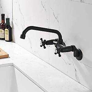 Jshozzy Matte Black Wall Mount Kitchen Sink Faucet Double Handle 3 Inch to 9 Inch Swivel Spout Wall-Mounted Commercial Bar Sink Faucet NSF Lead-Free Hot and Cold Water Mixer Tap Utility Sink Faucet