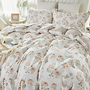 Brandream Floral Bedding Cotton Tencel Duvet Cover Set 4 Piece, 60% Lyocell & 40% Cotton,Hypoallergenic,Breathable and Soft Bedding Set, Floral Duvet Cover with Zipper Closure and Corner Ties