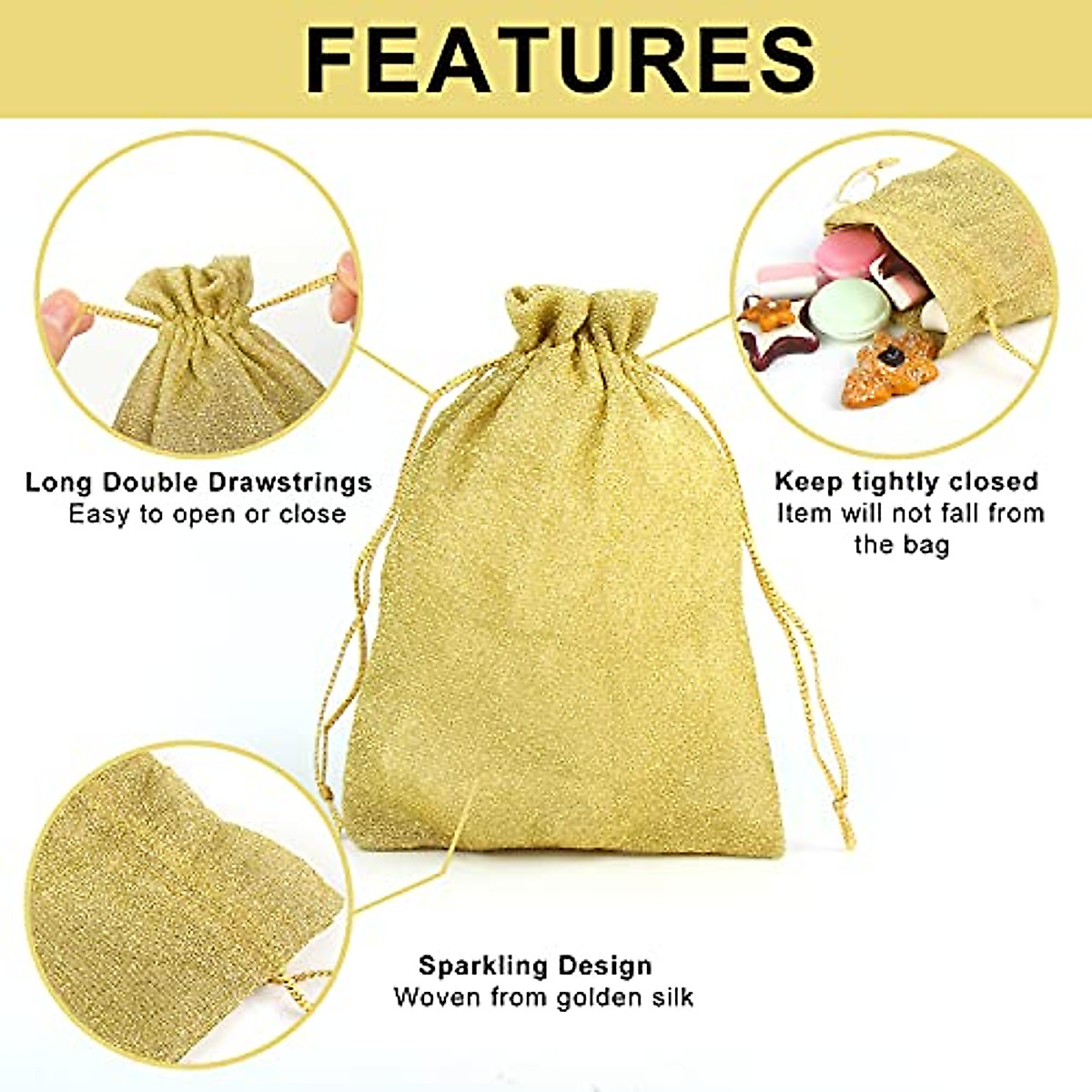 KIMOBER 16pcs Gold Gift Bags with Double Drawstrings,Glittery Jewelry Pouches Drawstring Bags for Christmas Wedding Party