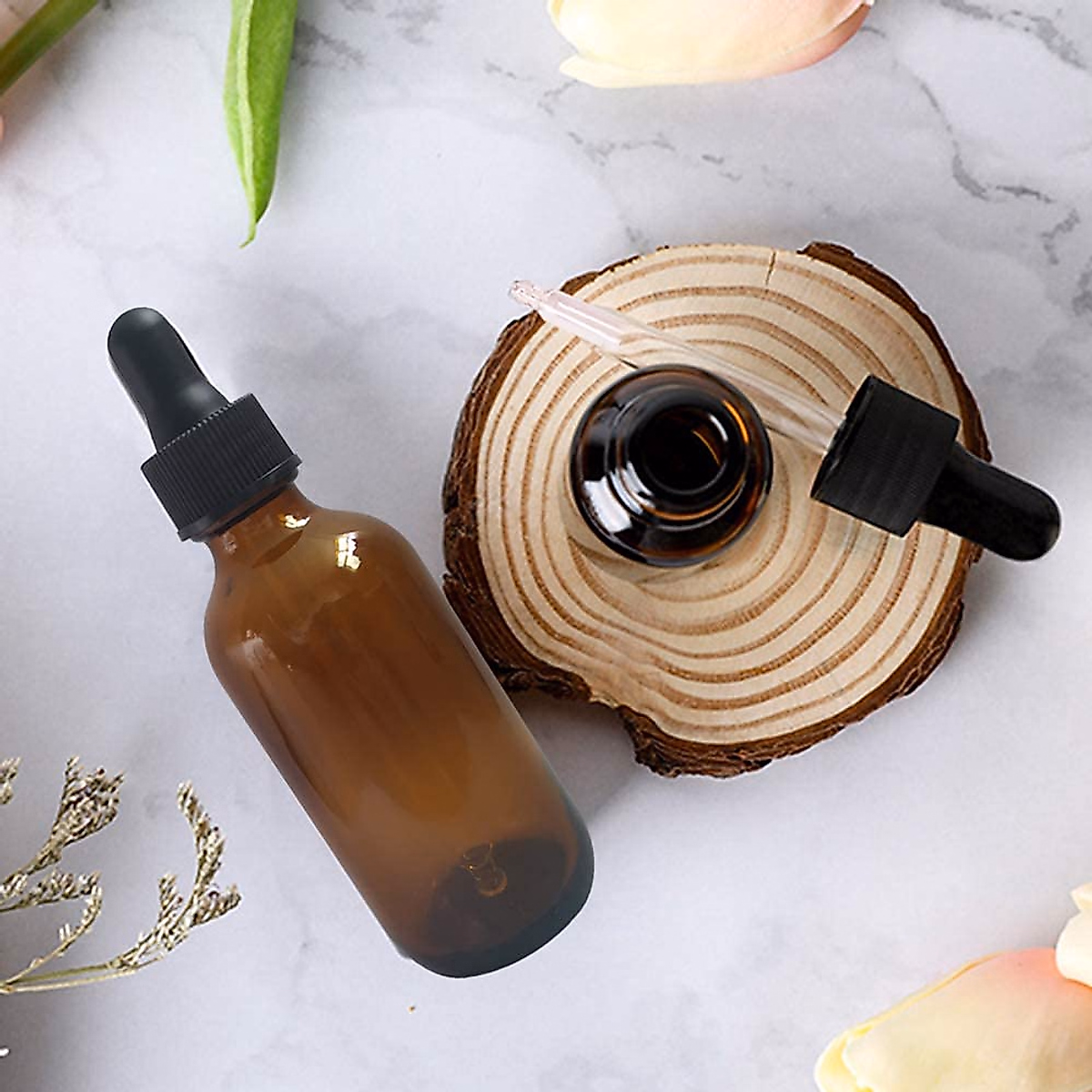 BPFY 12 Pack 4oz Glass Dropper Bottles for Essential Oil 120ml Amber Round Glass Boston Bottle With Black Glass Eye Dropper for Massage Oil, Perfume & Lab, Refillable Glass Bottle for Travel