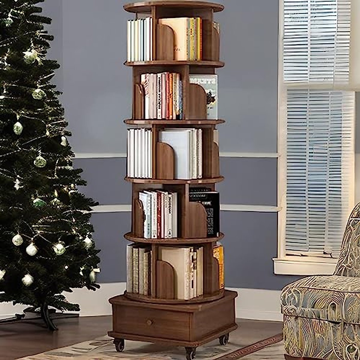 MMV 5 Tier Rotating Bookshelf, 360° Display Bookcase with Cabinet, Mobile Bookshelf with Wheels, 79" Tall Bookcase for Narrow Space, Spinning Wood Bookshelf Tower for Home Office, Study Room, Walnut