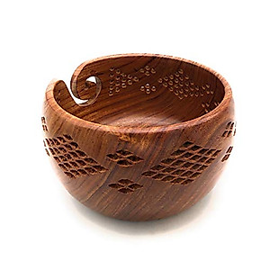 Handmade Sheesham Wood Crafted Wooden Yarn Storage Bowl with Carved Holes & Drills, Knitting Crochet Accessories, 7 x 7 x 4 inches