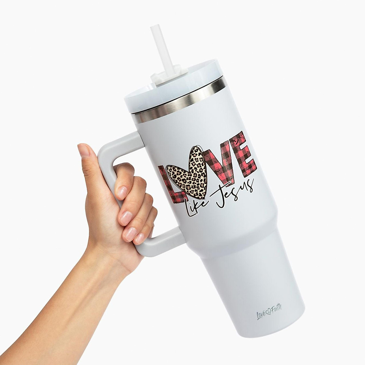 Love in Faith | Stainless Steel 40oz Tumbler with Handle | Vacuum Insulated | Faith-Based Christian Gifts | Christmas | Love Like Jesus Grey