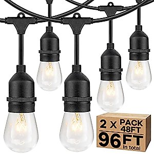 2-Pack 96FT Outdoor String Lights with Dimmable 11W Edison Vintage Bulbs, Waterproof Commercial Grade Patio Hanging Lights for Cafe Pergola Backyard Bistro Wedding, 2700K Warm White, Black 48FT/String