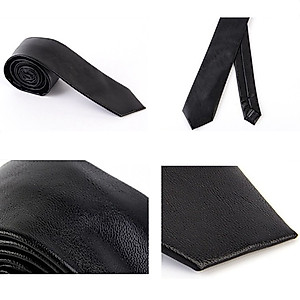 Hello Tie Men's Skinny Tie Handmade PU Leather Black Narrow Necktie