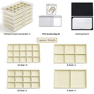 KAMIER Acrylic Jewelry Organizer,5 Layers Clear Acrylic Jewelry Box for Women,20 Pcs Portable Clear Jewelry Bag Set,Velvet Earring Display Holder for Earrings Ring Bracelet Necklace,Beige