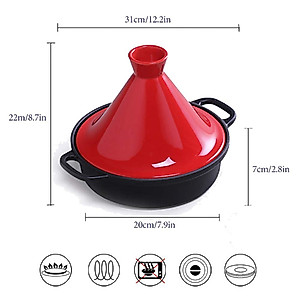 JINXIU Casserole 20Cm Cast Iron Tagine Pot, Tajine Cooking Pot with Enameled Cast Iron Base and Cone-Shaped Lid Quick & Easy Cooking for Home Kitchen,Red (Color : Red)