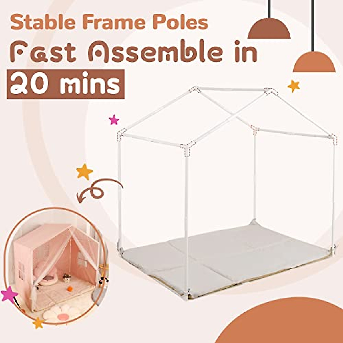 Kids Play Tent Indoor Outdoor, Large Play House Tents for Toddlers 3-12 Years Old, Girls Boys Play Tents with Non-Slip Mat and Star Lights, Pink 51" x 35.5" x 52"
