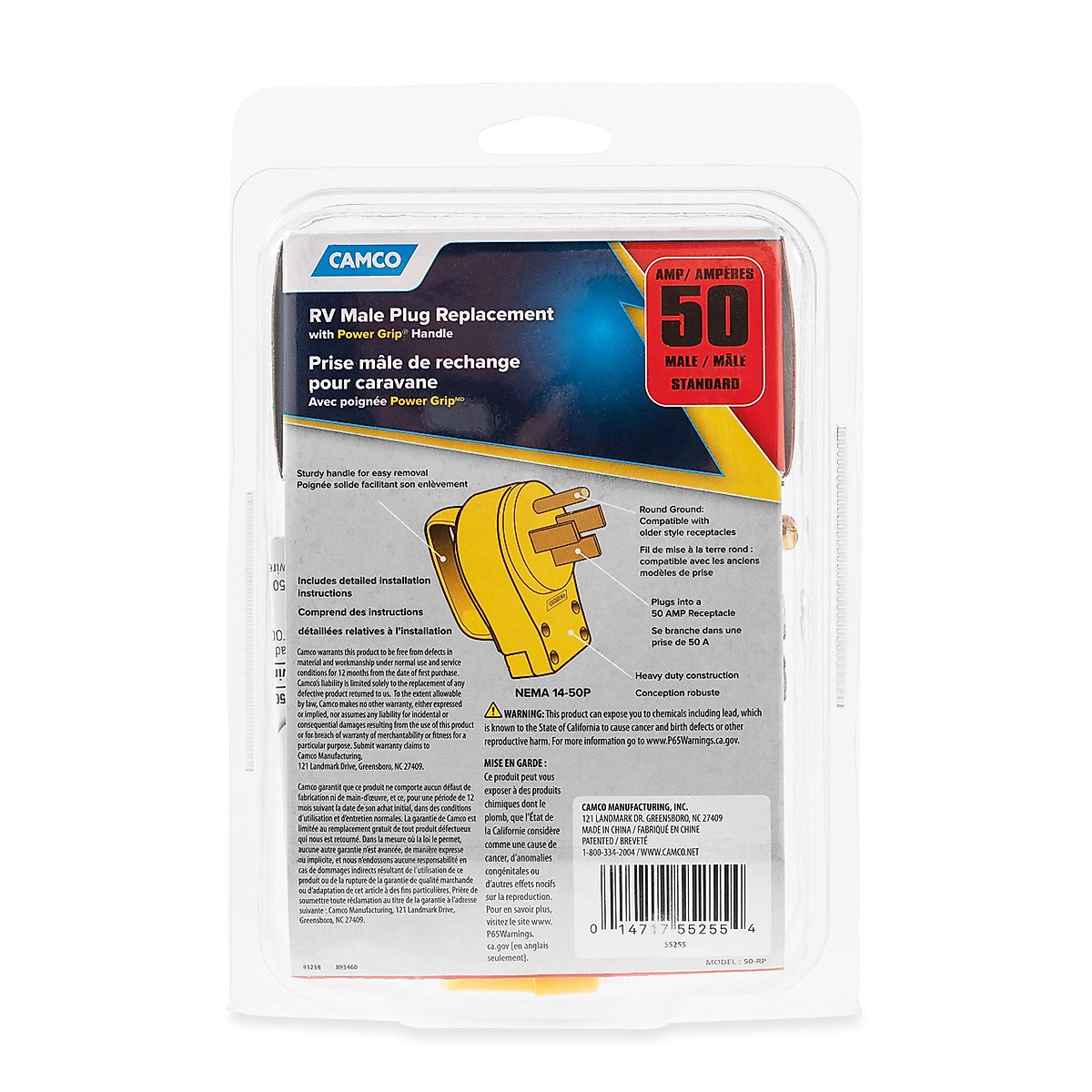 Camco Power Grip Camper / RV Replacement Plug - Attach 50 Amp Plug to Existing RV Extension Cord - Features 50 Amp RV Plug (NEMA 14-50P) & Ergonomic Designed Handle - Rated 125-250V/12,500W (55255)