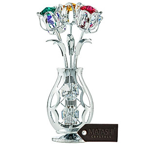 Matashi Best Gift for Mom Flowers Bouquet in Vase Ornament with Multi Coloured Crystals Home Decorative Tabletop Decorations Showpiece for Living Room Bedroom Gift for Mother's Day - Birthday