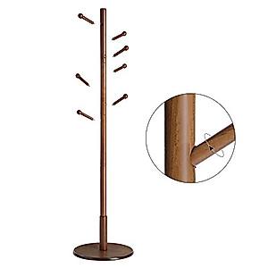 VASAGLE Coat Rack Free Standing with 7 Rounded Hooks, Wood Hall Tree, Entryway Coat Stand for Clothes, Hats, Purses, in The Entryway, Living Room, Dark Walnut URCR07WN