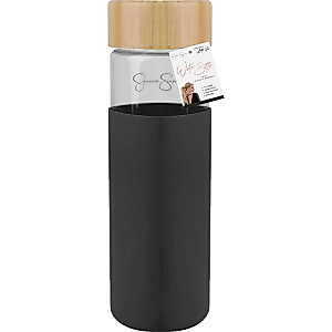 Jessica Simpson 16oz Glass Water Bottle with Bamboo Lid and Non Slip Grip, Black