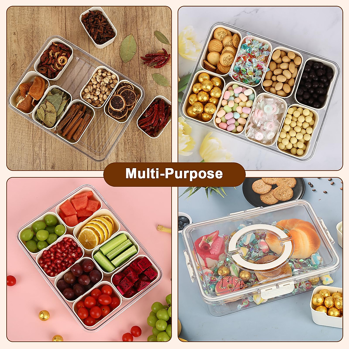 Eletional Divided Serving Tray with Lid and Handle - Snackle Box Charcuterie Platter, Clear Organizer for Candy, Fruits, Nuts, Snacks - Perfect for Party, Entertaining, 8 Compartments, White