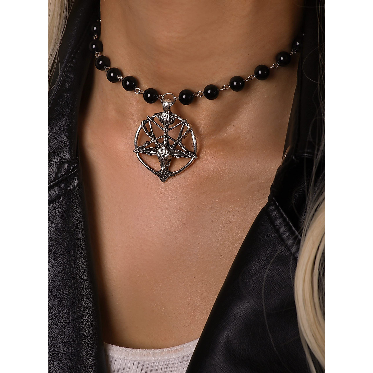 Sacina Goth Baphomet Choker Necklace, Black Bead Pentagram Skull Choker Necklace, Goth Halloween Jewelry Gift for Women, Men