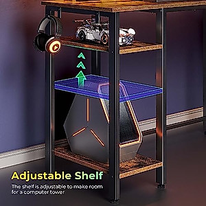 Rolanstar L Shaped Gaming Desk with LED Lights & Power Outlets, 55.1" Computer Desk with Full Monitor Stand & Storage Shelf, Corner Desk with Hooks, Rustic Brown Desk Reversible