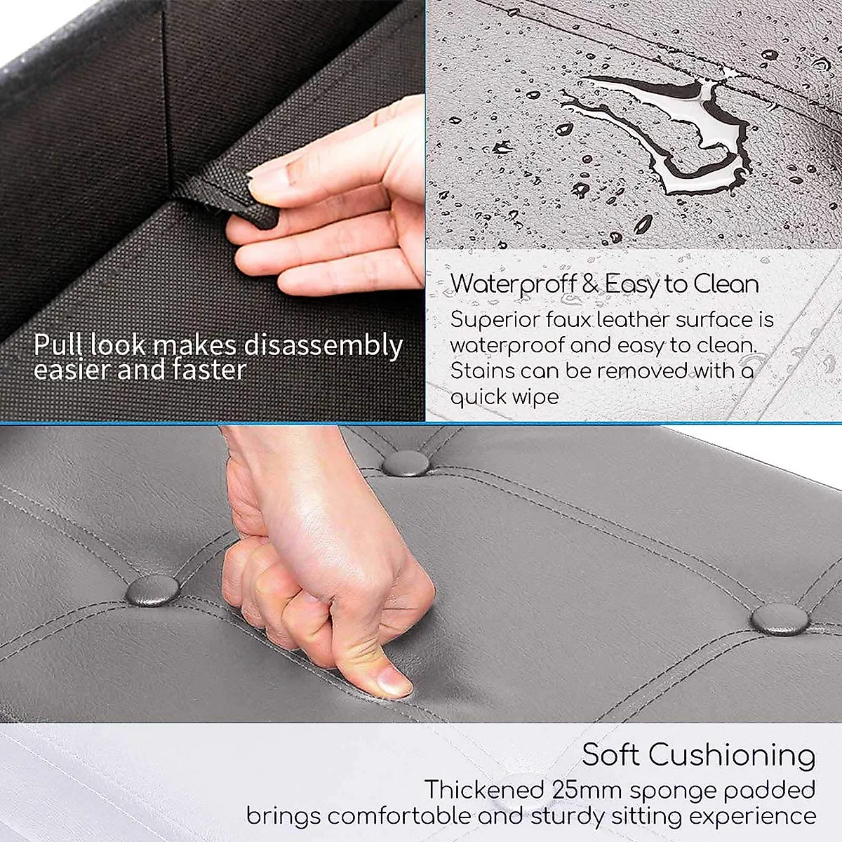 BRIAN & DANY 30" Faux Leather Folding Storage Ottoman Bench, Perfect Toy and Shoe Chest, Foot Rest,Coffee Table,Folding Bench Chest with Cover (Grey)