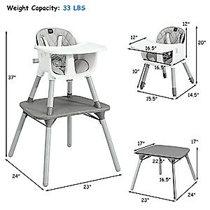 BABY JOY 5 in 1 Convertible High Chair, Infant Dining Chair Booster Seat with Removable Tray, 5-Point Harness, Detachable PU Leather Cushion, Highchair for Babies and Toddlers of 6-36 Months, Gray