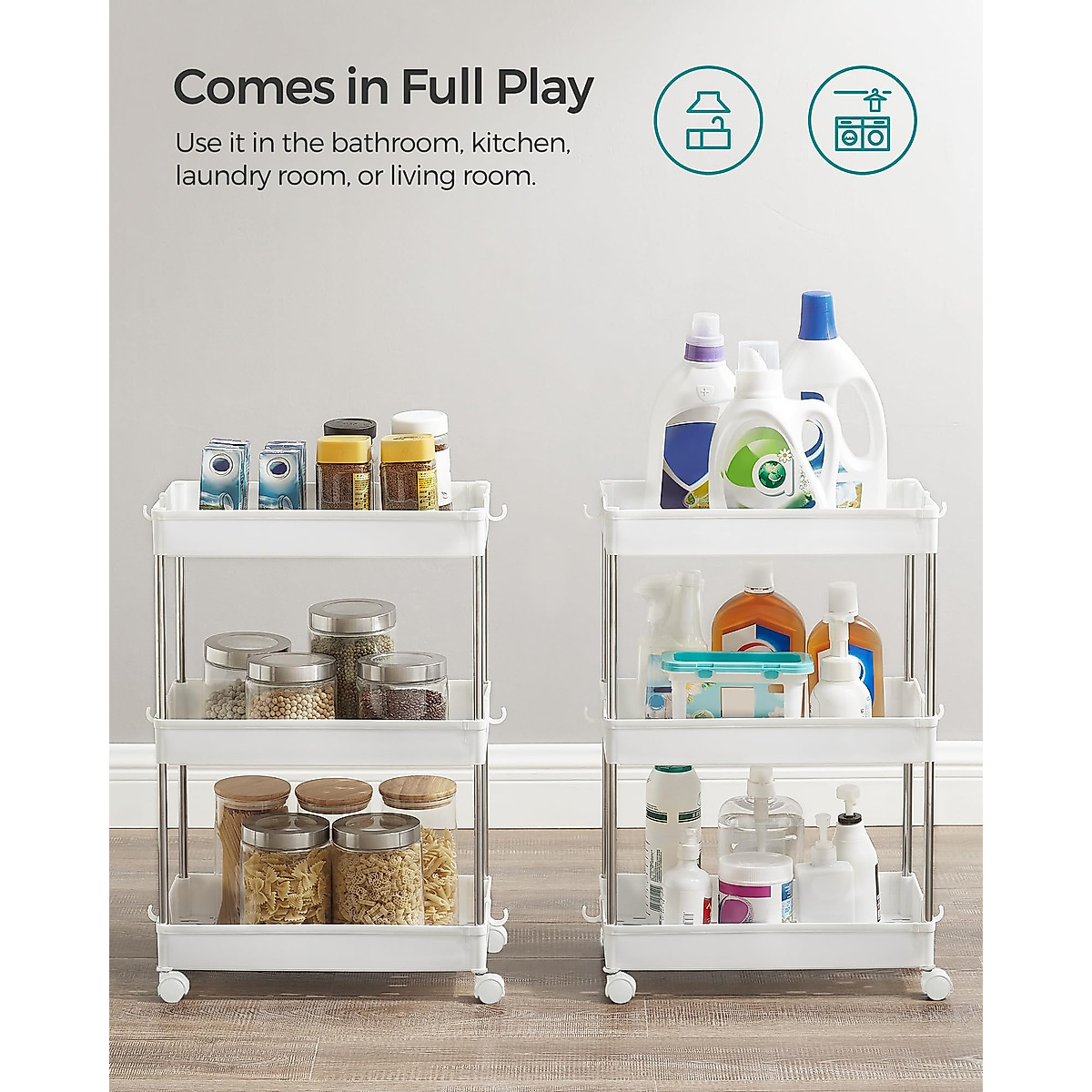 SONGMICS 3-Tier Rolling Cart, Storage Cart with Wheels, Space-Saving Rolling Storage Cart, for Bathroom, Kitchen, Living Room, Office, 15.7 x 8.7 x 23.6 Inches, White UKSC009W01