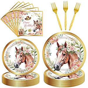 Horse Birthday Party Supplies Tableware - 96 Pcs Golden Horse Themed Plates and Napkins Sets with Forks, Cowgirl Birthday Party Decorations, Western Baby Shower Disposable Dinnerware, Serves 24