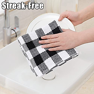 homing Kitchen Towels, 100% Cotton Waffle Weave Dish Towels for Drying Dishes, Super Soft, Absorbent, Quick Dry, 4 Pack Buffalo Plaid Hand Towels for Kitchen (13" x 28", Black & White)