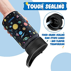 AEXPF Insulated Kids Water Bottle with Sleeve, 14 oz Double Wall Vacuum Stainless Steel Leakproof Thermos Water Bottle, Rainbow Pattern and Planet Pattern