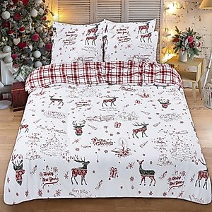 Lyacmy Christmas Duvet Cover Set Twin Reindeer Comforter Cover Set 2 Pcs Christmas Tree Bedding Cover White and Red Grid Quilt Cover with Zipper Closure(1 Duvet Cover, 1 Pillow Shams)