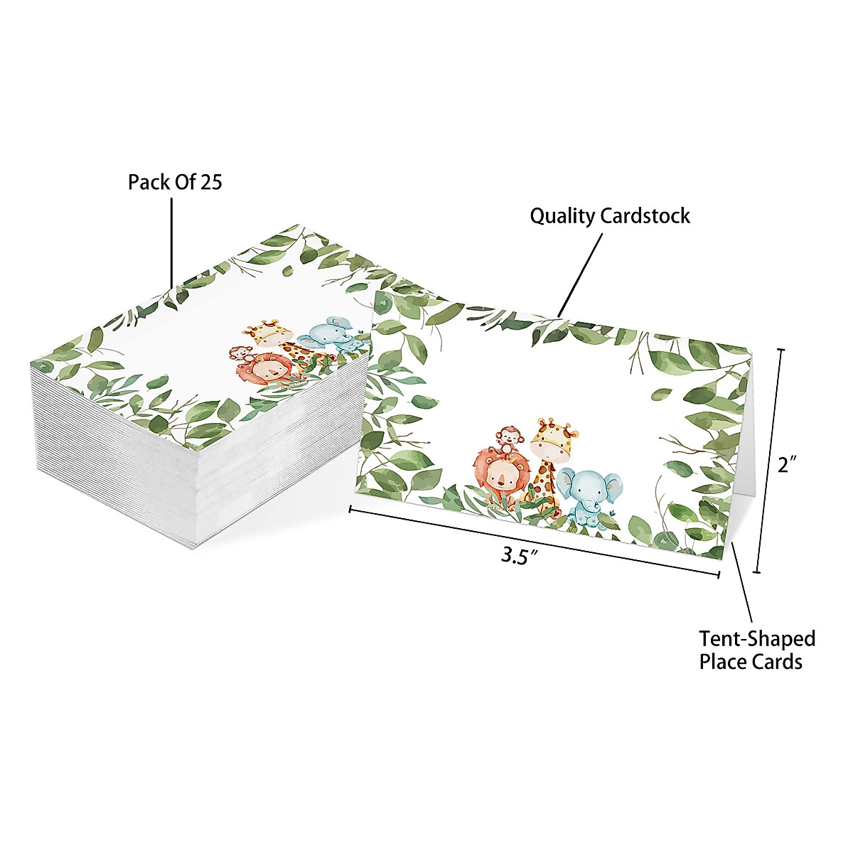 Table Place Card, Jungle Safari Animal Themed Tent Style Cards, Pack of 25 Half-Fold Reception Place Cards, Perfect for Baby Showers, Jungle Safari Birthday Party, Special Events A33
