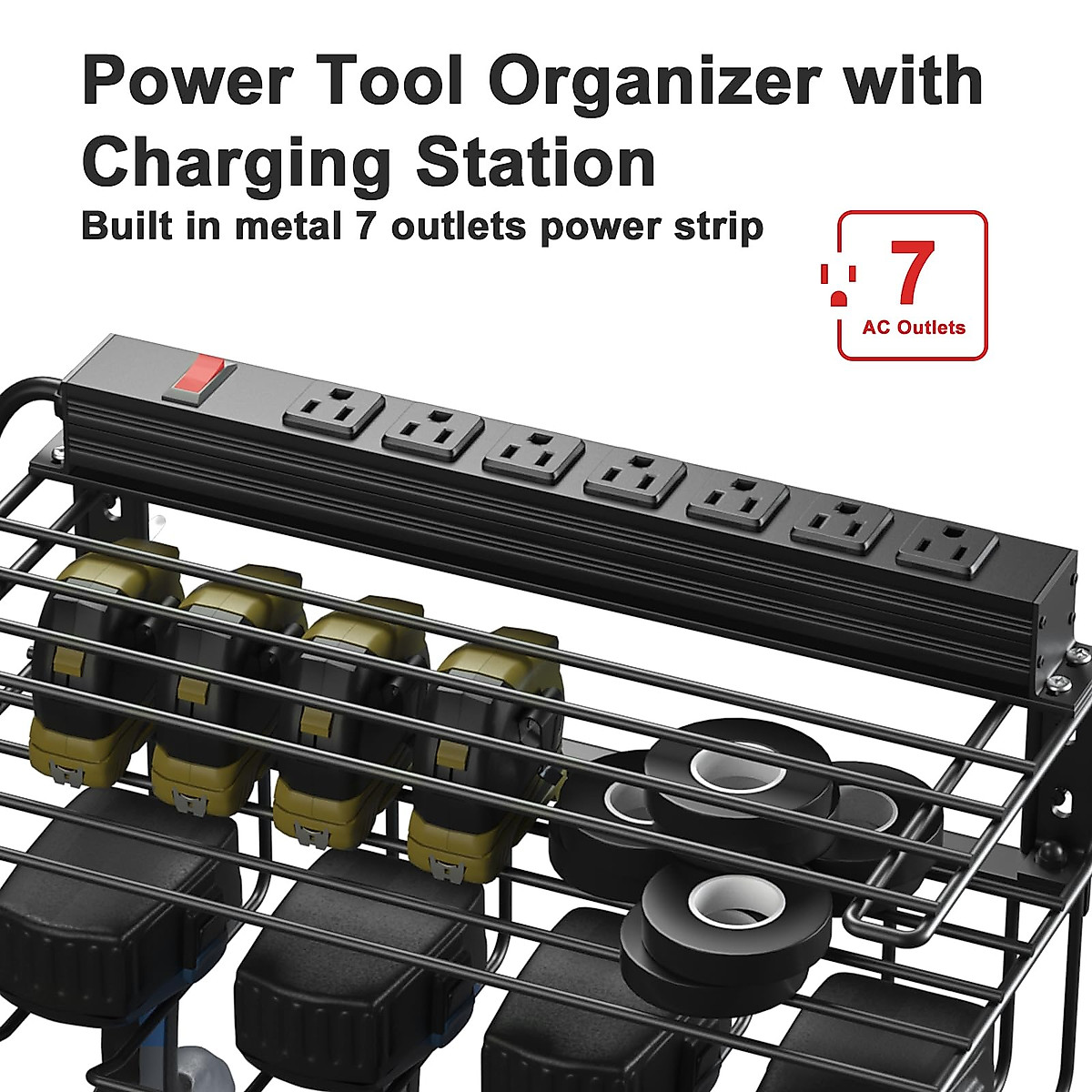 Heavy Duty Tool Organizer with charging station, 3 Layers Garage Pegboard Tool Rack, Power Tool Organizer Wall Mounted with 7 -Hole outlets Surge Protector, 4 Power Drill