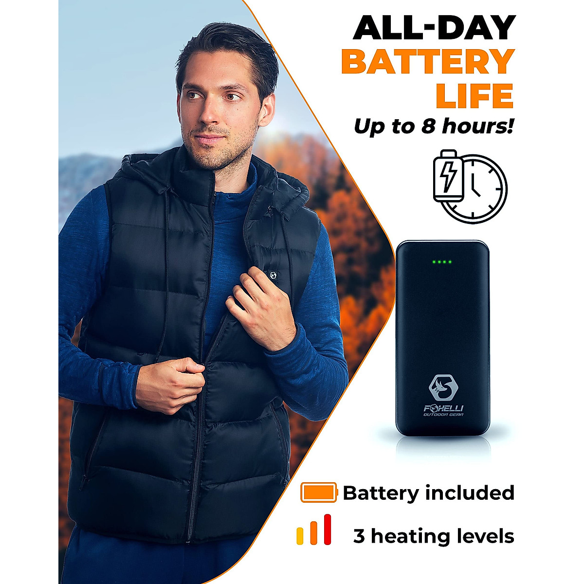 Foxelli Men's Heated Puffer Vest - Lightweight, USB Rechargeable Black Vest for Men, Men’s Winter Outerwear Vest with Battery