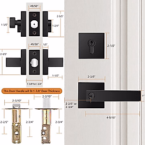 Probrico Flat Black Square Entry Levers Locksets and Single Cylinder Deadbolts Combination Set, Heavy Duty Front Door Office Entrance Levers, 3 Pack Keyed Alike(All Same Keys)