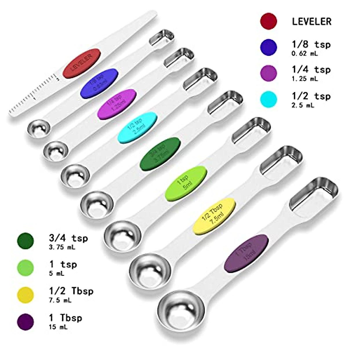 TILUCK Magnetic Measuring Spoons Set, Stainless Steel Dual Sided Spoons Set of 8, Stackable Teaspoon Tablespoon (Color, Rectangle)