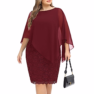 Burgundy Plus Size Dresses Wedding Guest Red Formal Cocktail Party Women Ladies Mother Cape Chiffon Lace Overlay Dress