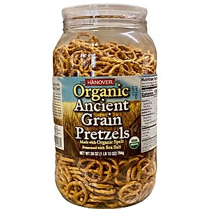 Hanover Organic Ancient Grain Spelt Sea Salt Pretzels Low Fat Cholesterol Trans Fat Free Party Snacks Resealable Container 28 oz Barrel