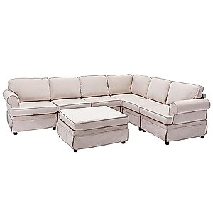 Merax 108.6" Fabric Upholstered Sectional Sofa,Modular Customizable Couch with Removable Ottoman for Living Room,Linen L U Shaped, Beige