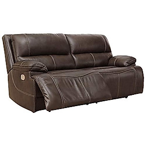 Signature Design by Ashley Ricmen Leather Adjutable Power Reclining Loveseat, Dark Brown & Ricmen Leather 2 Seat Adjustable Power Reclining Sofa with USB Charging, Dark Brown