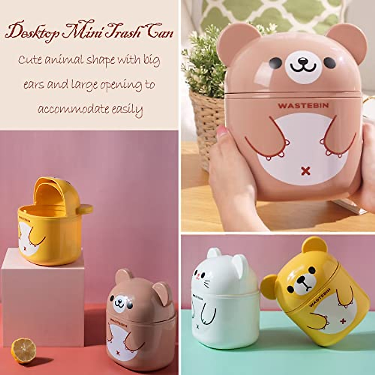 YISTOS Mini Countertop Trash Can with Lid, Desk Small Trash Can, Waste Garbage Bin, Room Decoration Big Ears Desktop Wastebasket for Countertop, Vanity, Office or Coffee Table - Brown