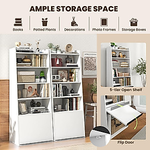 Tangkula White 6 Tier Bookcase, Modern Bookshelf w/ 2 Adjustable Shelves & Flip-up Door, Wood Storage Cabinet w/ 5 Open Shelves, Freestanding Display Shelf for Living Room Study (White, 6 Tier)