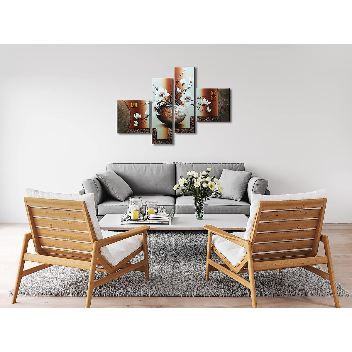 Wieco Art -Stretched and Framed 100% Hand-painted Modern Canvas Wall Art Stretched and Framed Elegant Flowers for Home Decoration Floral Oil Paintings on Canvas 4pcs/set