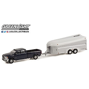 Greenlight 32240-D Hitch & Tow Series 24 - 2021 Ram 3500 Laramie Crew Cab in Maximum Steel Metallic Clear with Aerovault MKII Trailer in White and Bare Aluminum 1/64 Scale