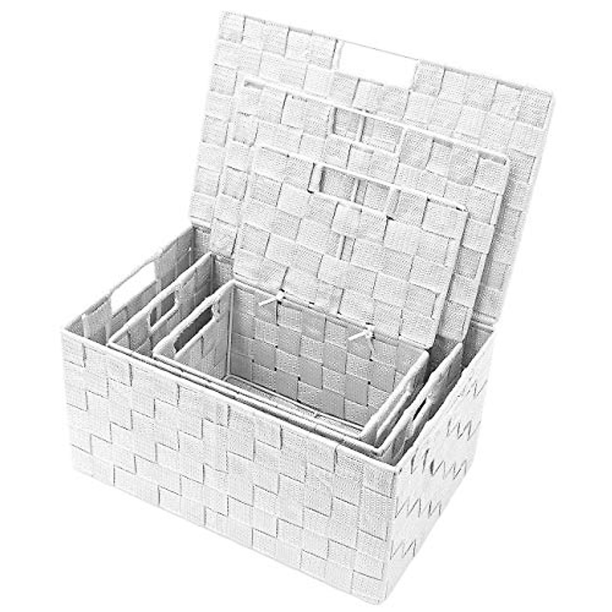 Sorbus Storage Box Woven Basket Bin Container Tote Cube Organizer Set Stackable Storage Basket Woven Strap Shelf Organizer Built-In Carry Handles (Lid Bins - 3 Pack, White)