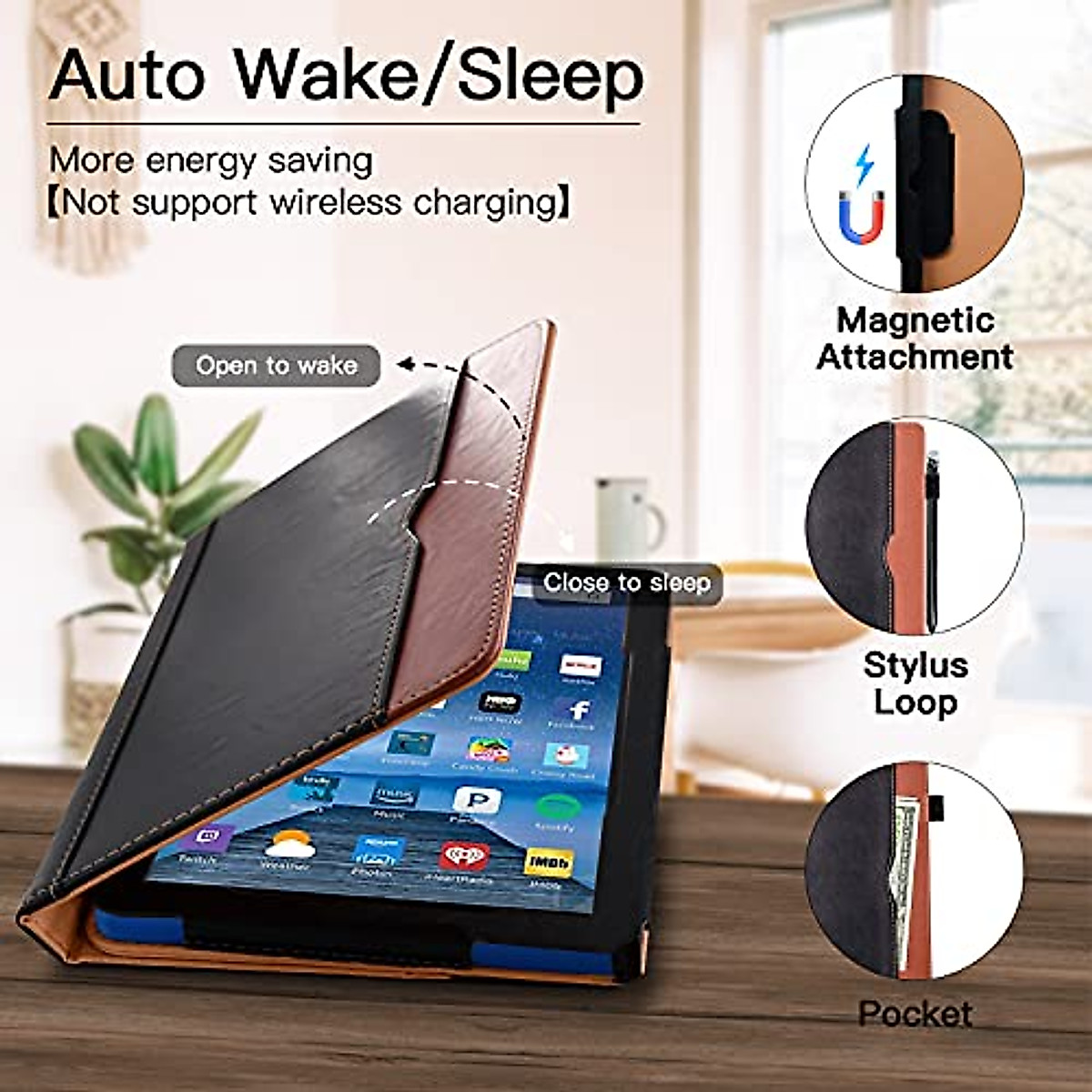 Grifobes All New Kindle Fire HD 10 Tablet & Fire HD 10 Plus (11th Generation,2021 Released) Case, Smart Auto Sleep/Wake Multi-Angle Stand Folio Cover with Stylus Holder/Pocket (Black+Brown)