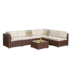 SUNVIVI OUTDOOR 7 Piece Patio Conversation Set Outdoor Furniture Set Brown Wicker Furniture Outdoor Sectional Rattan Sofa Couch for Backyard, Garden with 6 Clips, Coffee Table