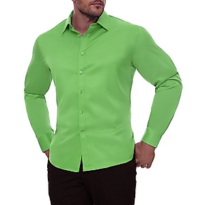 Alimens & Gentle Men's Bright Green Slim Fit Dress Shirts Solid Muscle Fit Wrinkle-Free Casual Button Down Shirt