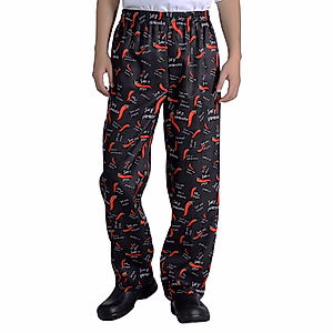 Men’s and Women's Baggy Printed Chef Pants Kitchen Uniforms with Elastic Waist Pants New Chili L