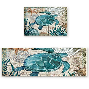 LooPoP Sea Turtle Kitchen Mats for Floor Cushioned Anti Fatigue 2 Piece Set Kitchen Runner Rugs Non Skid Washable Ocean Animal Beach Landscape Sea Theme 15.7x23.6+15.7x47.2inch