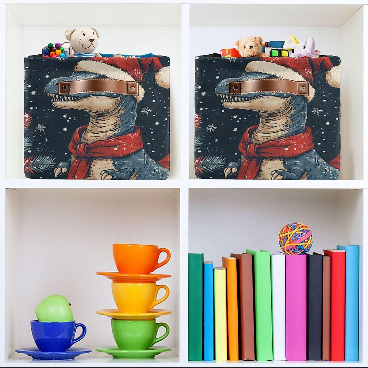 Nesatuwa Christmas Dinosaur Storage Baskets Rectangle Foldable Canvas Fabric Organizer Storage Boxes with Handles for Home Office Decorative Closet Shelves Clothes Storage,1 Pack
