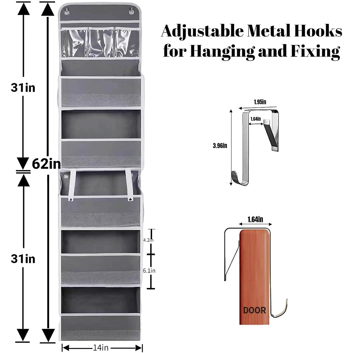 HSD Houseware Baby Organizer for Nursery, Separable 2-in-1 Over the Door Organizer Bathroom with 5 Shelves 4 Side Pockets 3 PVC Pockets, Door Organizer Hanging Bedroom Pantry (Dark Grey)