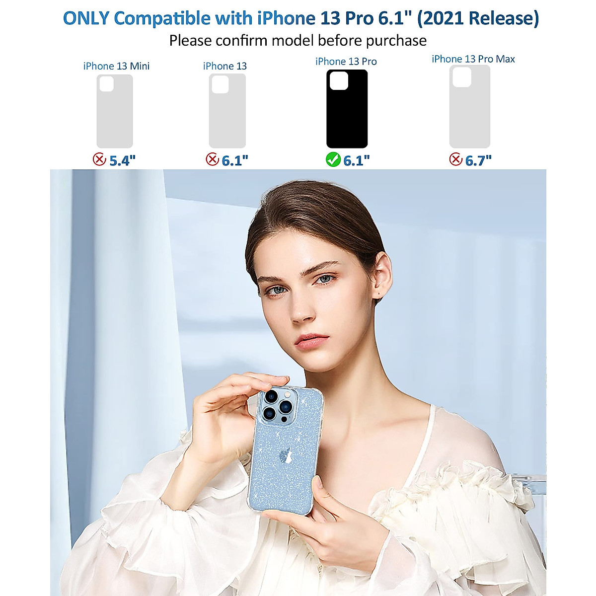 MIODIK for iPhone 13 Pro Case Clear Glitter, with Screen Protector + Camera Lens Protector, [Non-Yellowing] Crystal Women Girls Protective Shockproof Phone Case 6.1 inch - Sparkle Clear